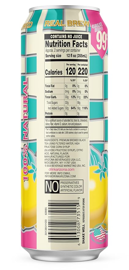 AriZona Lemon Iced Tea – 22fl oz (650ml) | Refreshing Lemon Flavoured ...